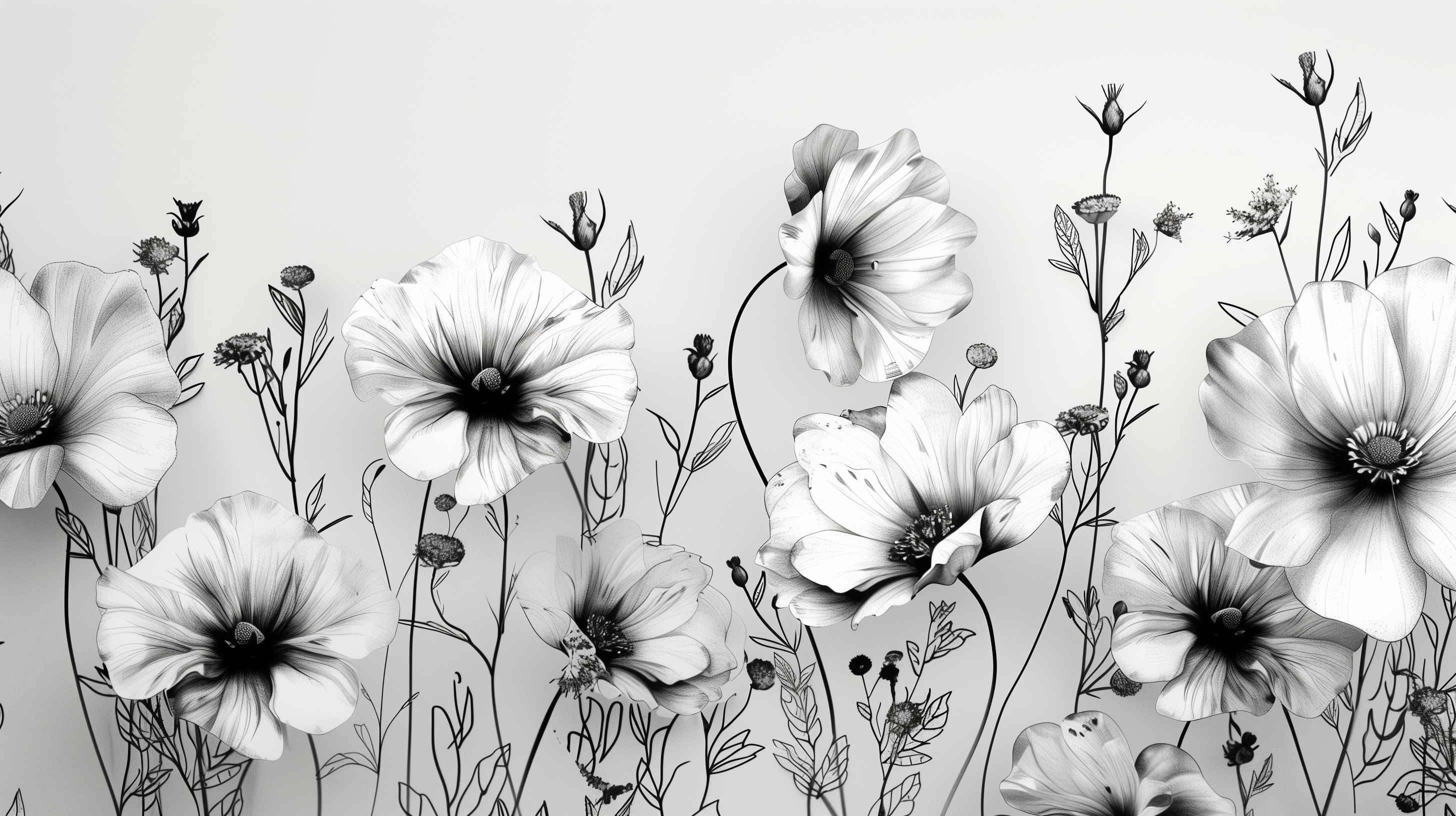 Soft Botanical Linework Wall Mural | Minimal Floral Wallpaper ...